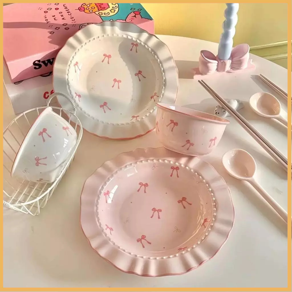 INS Style Bowknot Ceramic Dinnerware Set – Cute Plates & Dessert Bowls ...