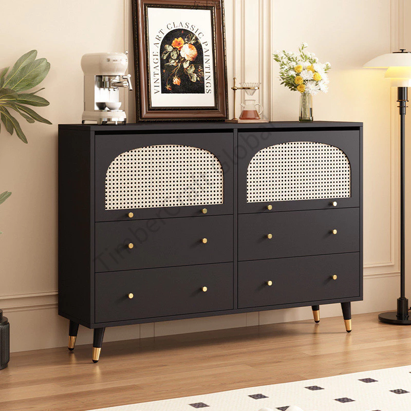 French Style Black Rattan Combination Cabinet Dining Buffet with ...