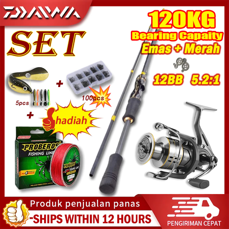 DAIWA Spinning reel set peralatan memancing set joran pancing rod kombo ...