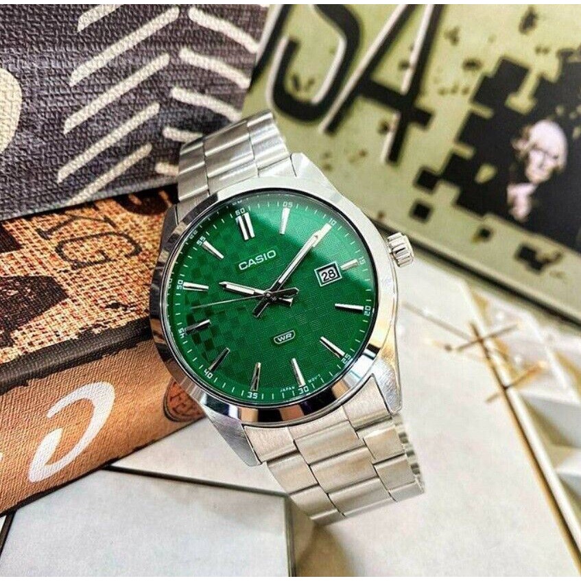 Casio MTP-VD03D-3A1 Green Checked Dial Analog Quartz Stainless Steel ...