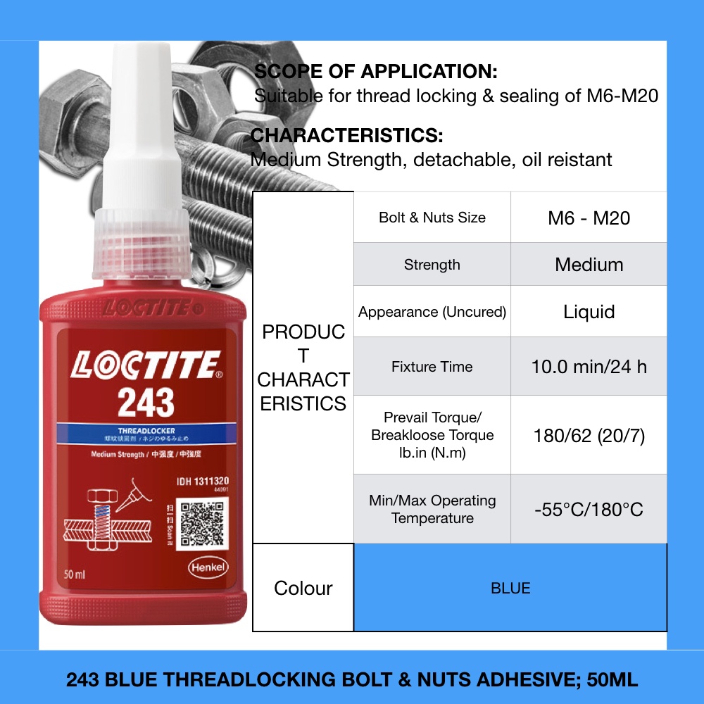 MEDIUM STRENGTH 🔥QR CODE SCAN🔥50ml 243 BLUE Bolt Nut Thread Sealant Screw Glue Adhesive Lock ...