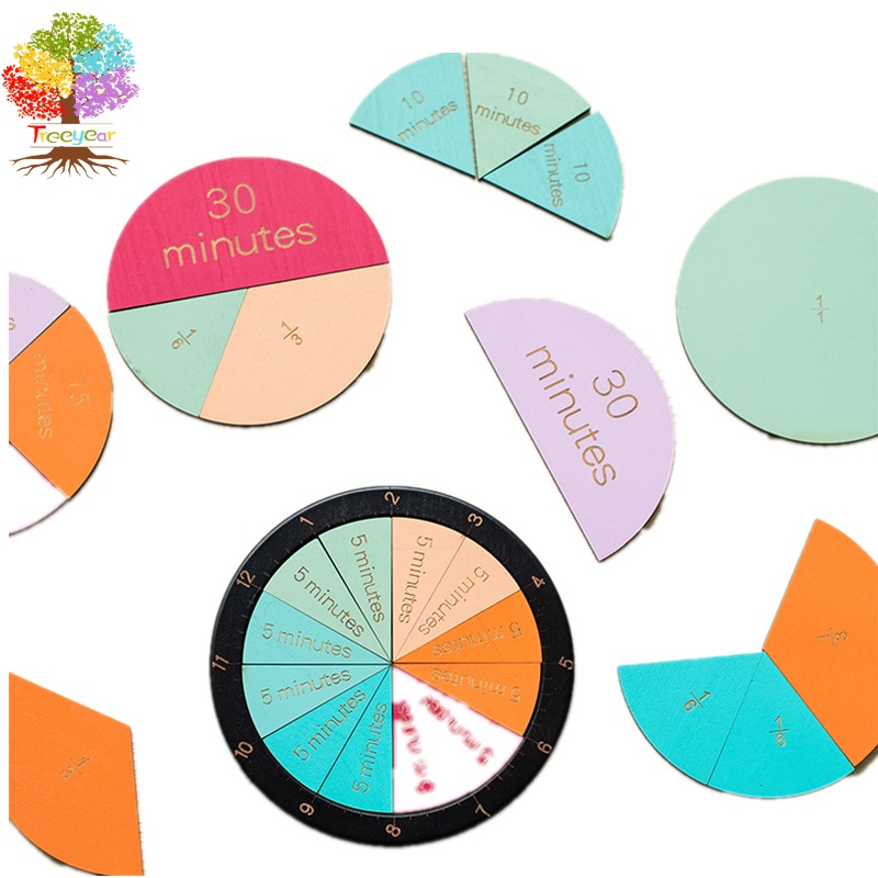 Wooden Montessori Fraction Clock Toy, Math Learning Time Teaching ...