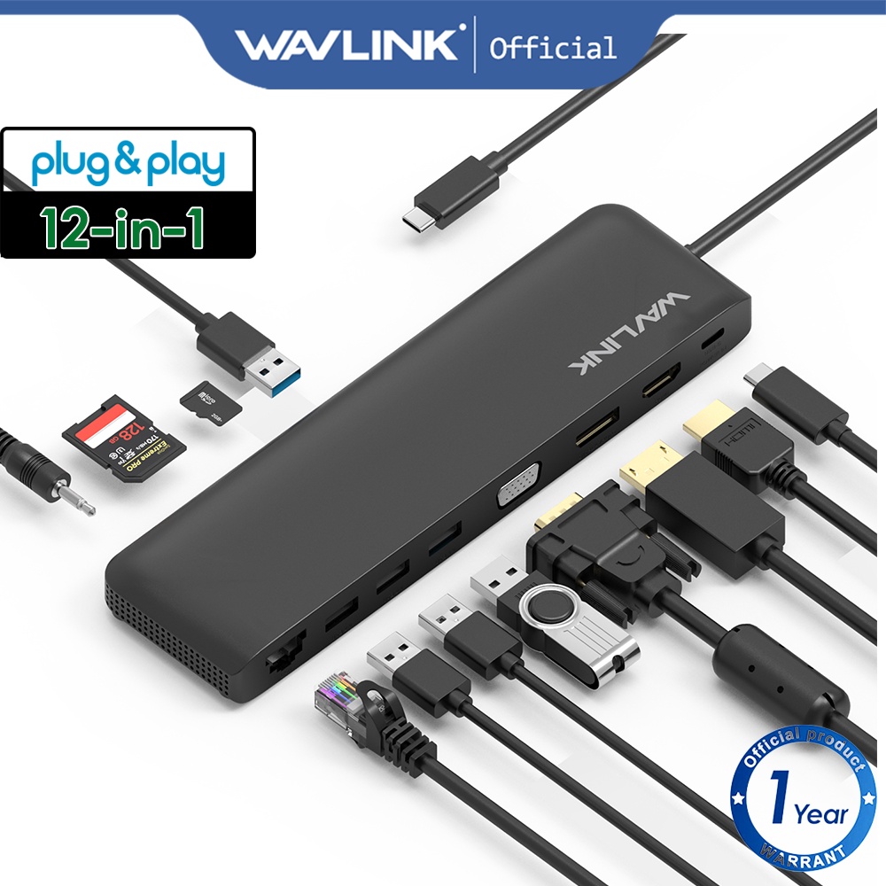 Wavlink USB C 12-in-1 Hub Docking Station Triple Display Type-C Adapter with HDMI Display Port ...