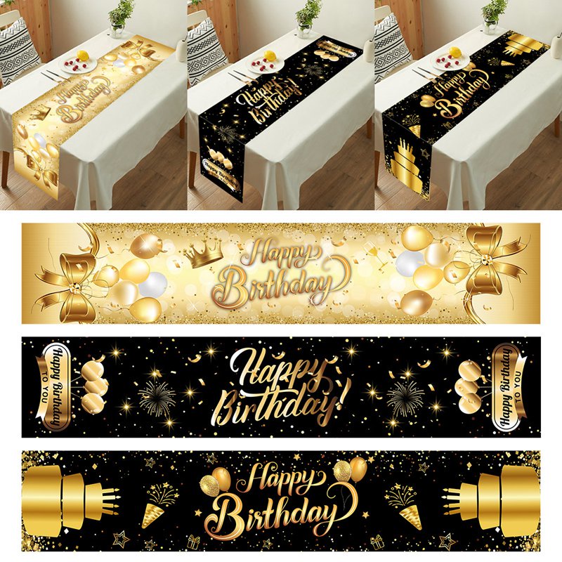 35x180CM Happy Birthday Tablerunner Black Gold Balloon Table Cover ...