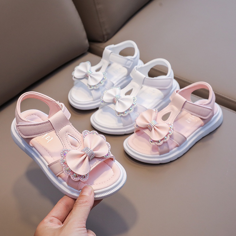 Girls Pink Sandals Lightweight Summer Kids Girl Soft Flat Bow Princess ...