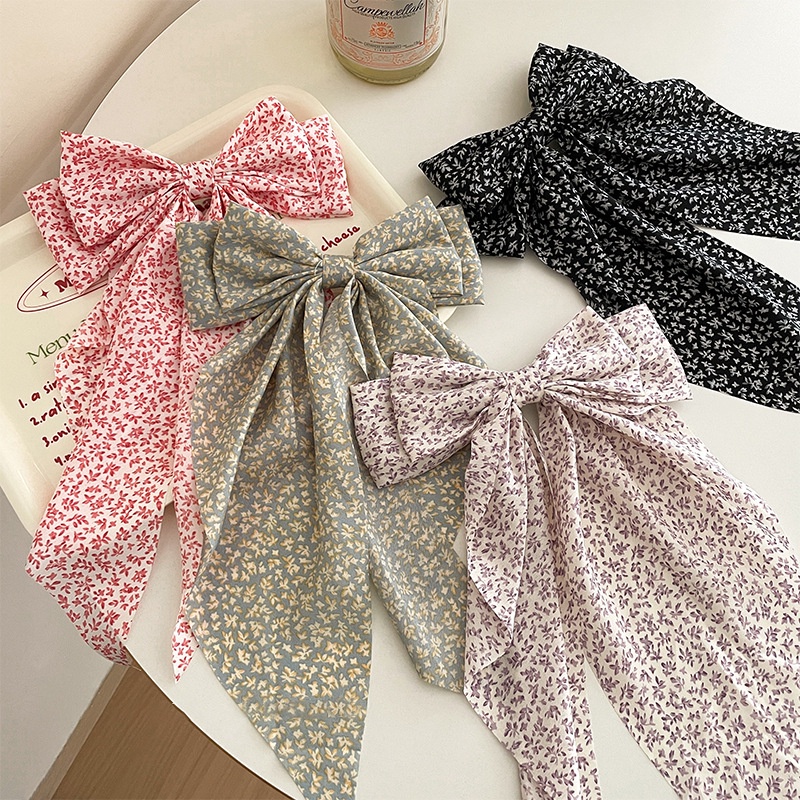 Long Big Bowknot Hair Clips Pastoral Style Small Floral Ribbon Hairpin ...