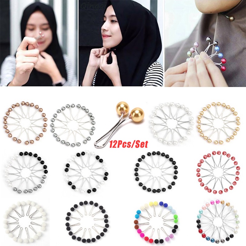 12Pcs/set Women Muslim Scarf Hijab Clips Brooch Pearl Pins Fixed ...