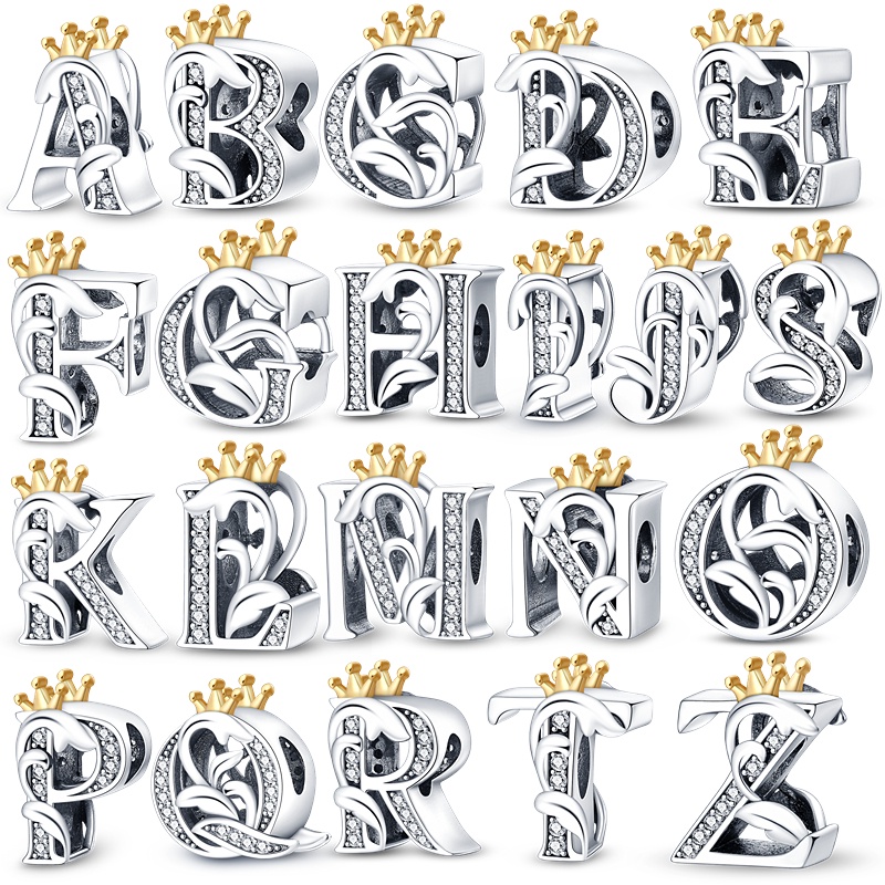 100% 925 Sterling Silver Crown English Alphabet A-Z Beads For Original ...