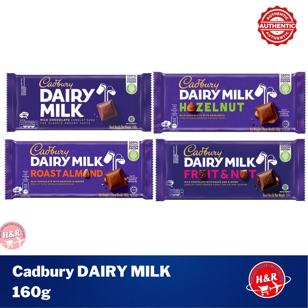 Cadbury DAIRY MILK Chocolate Bar 160G Classic/ Roast Almond/ Hazelnut/ Fruit and Nut | Shopee ...