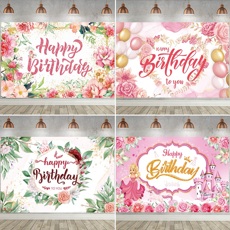 59*39'' Ins Flower Style Happy Birthday Backdrop For Photoshot Pink ...