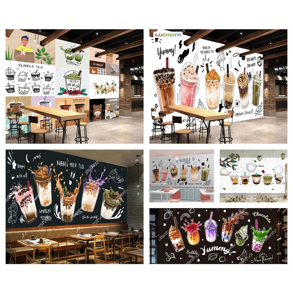 Custom Size Logo Bubble Tea Wall Paper 3D Pearl Milk Tea Boba Mural ...