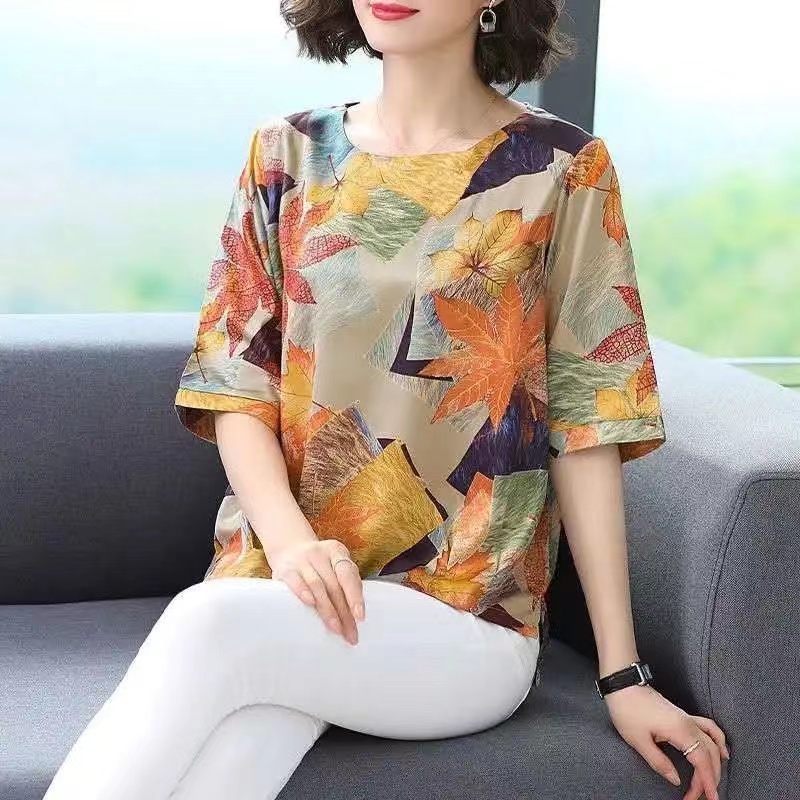 Women Blouse Ice Silk Top Printing Fashion Half-sleeve Plus Size T ...
