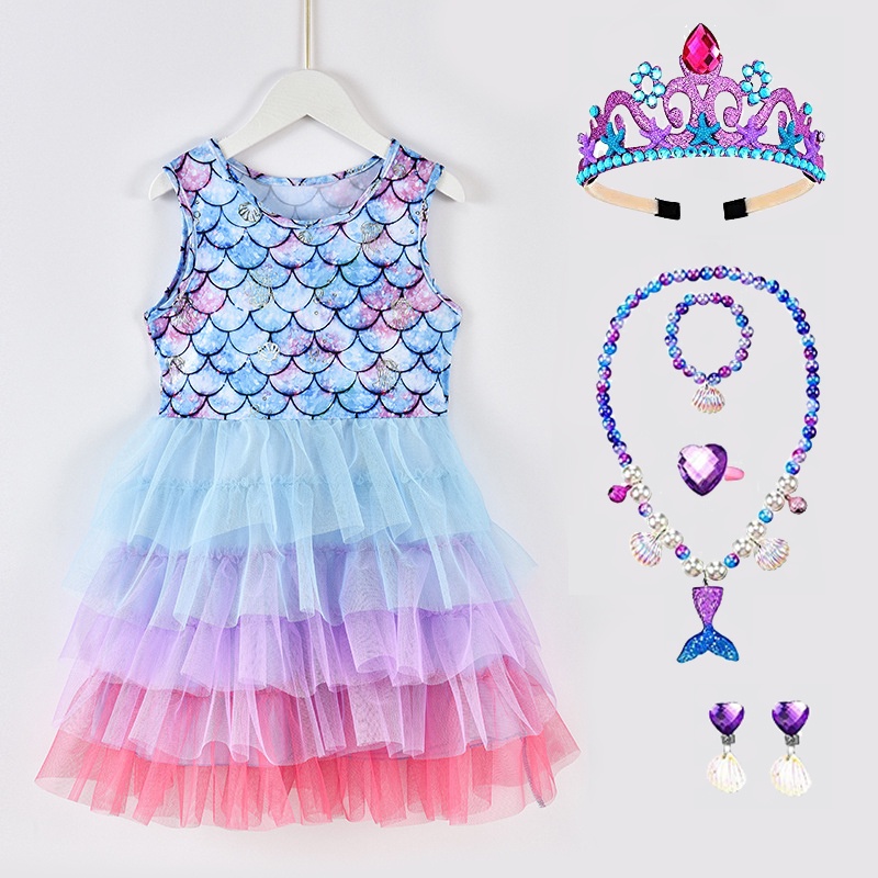 Mermaid Dress-Up Crown Necklace Jewelry Scale Mesh Cake Dress for Party ...
