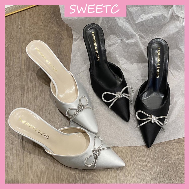 SWEETC Kasut raya perempuan Raya 2024 Women's Rhinestone Bow Pointed ...