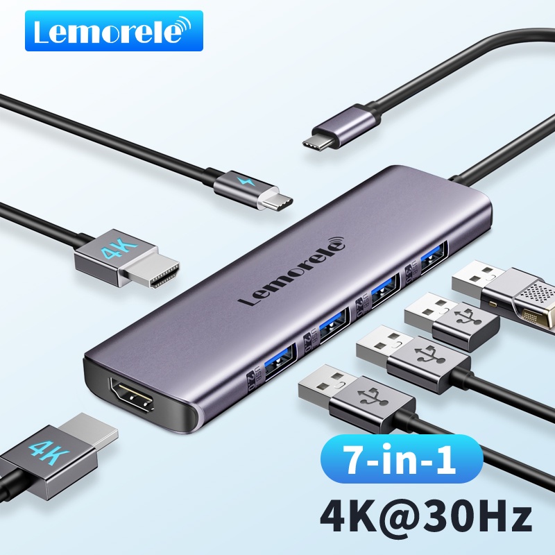 Lemorele TC66L 7 In 1 USB-C Hub Adapter Support Two Monitors Display ...