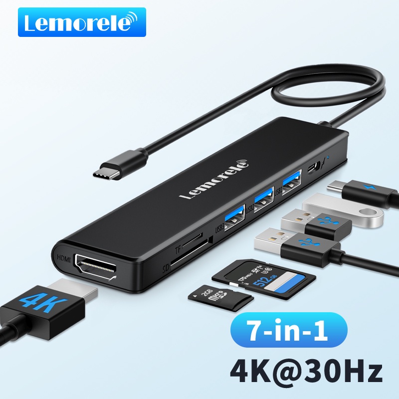 Lemorele TC70 7 In 1 USB-C Hub Aluminum Housing Multi Port Adapter PD 4K HDMI USB 3.0+USB 2.0 SD ...