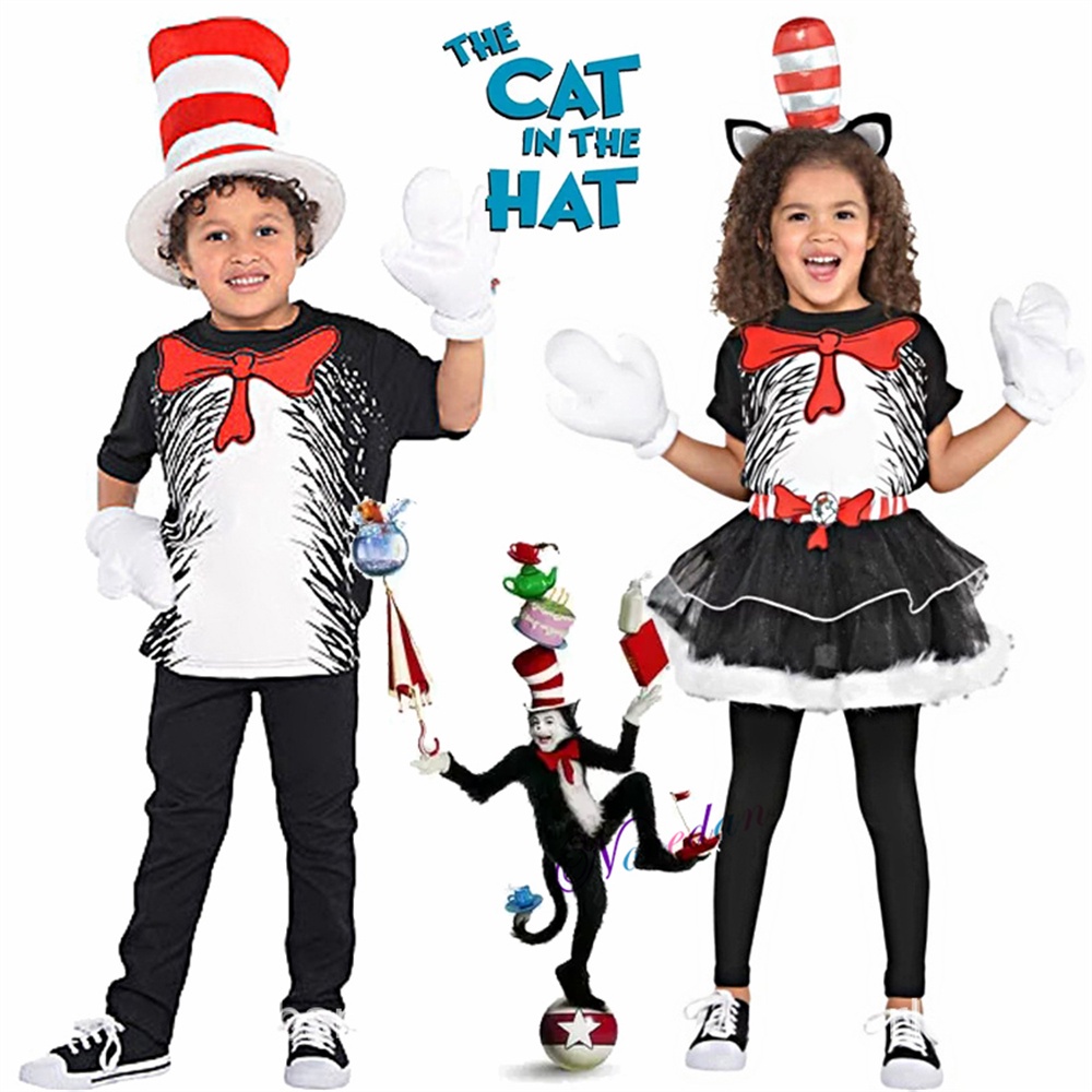 Dr. Seuss The Cat In The Hat Costume Kids Funny Cartoon Cat Cosplay ...