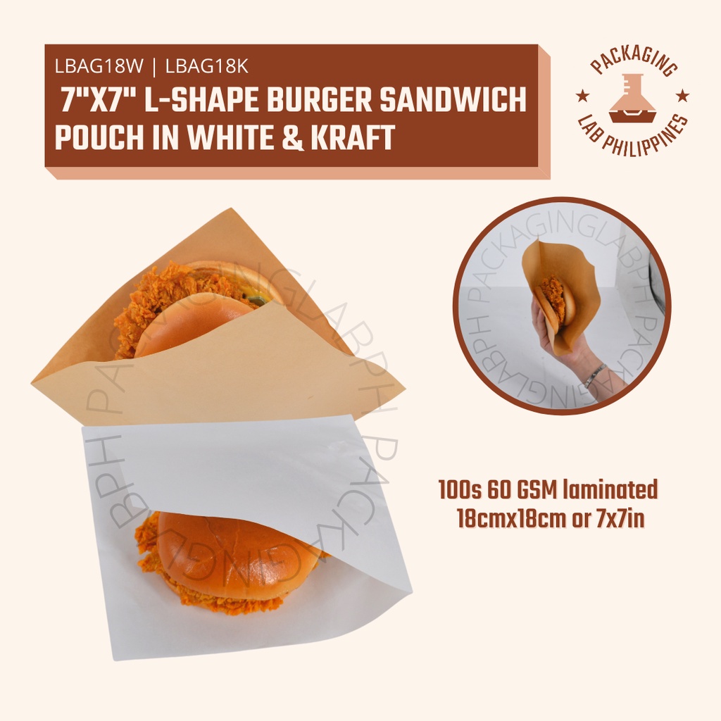 سↂTEL[100pcs] 6"x6" / 7"x7" L-Shape Burger Sandwich Pouch in White and ...
