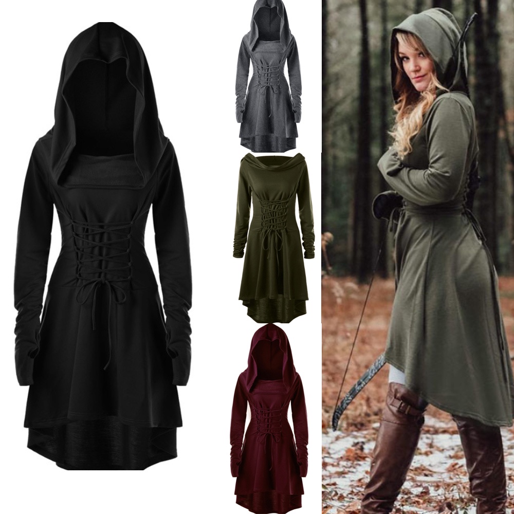 Medieval Women Archer Costume Long Sleeve Hooded Pixie Cosplay Dress ...
