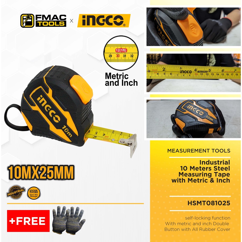INGCO 10 Meters X 25mm Steel Measuring Tape with Metric & Inch ...