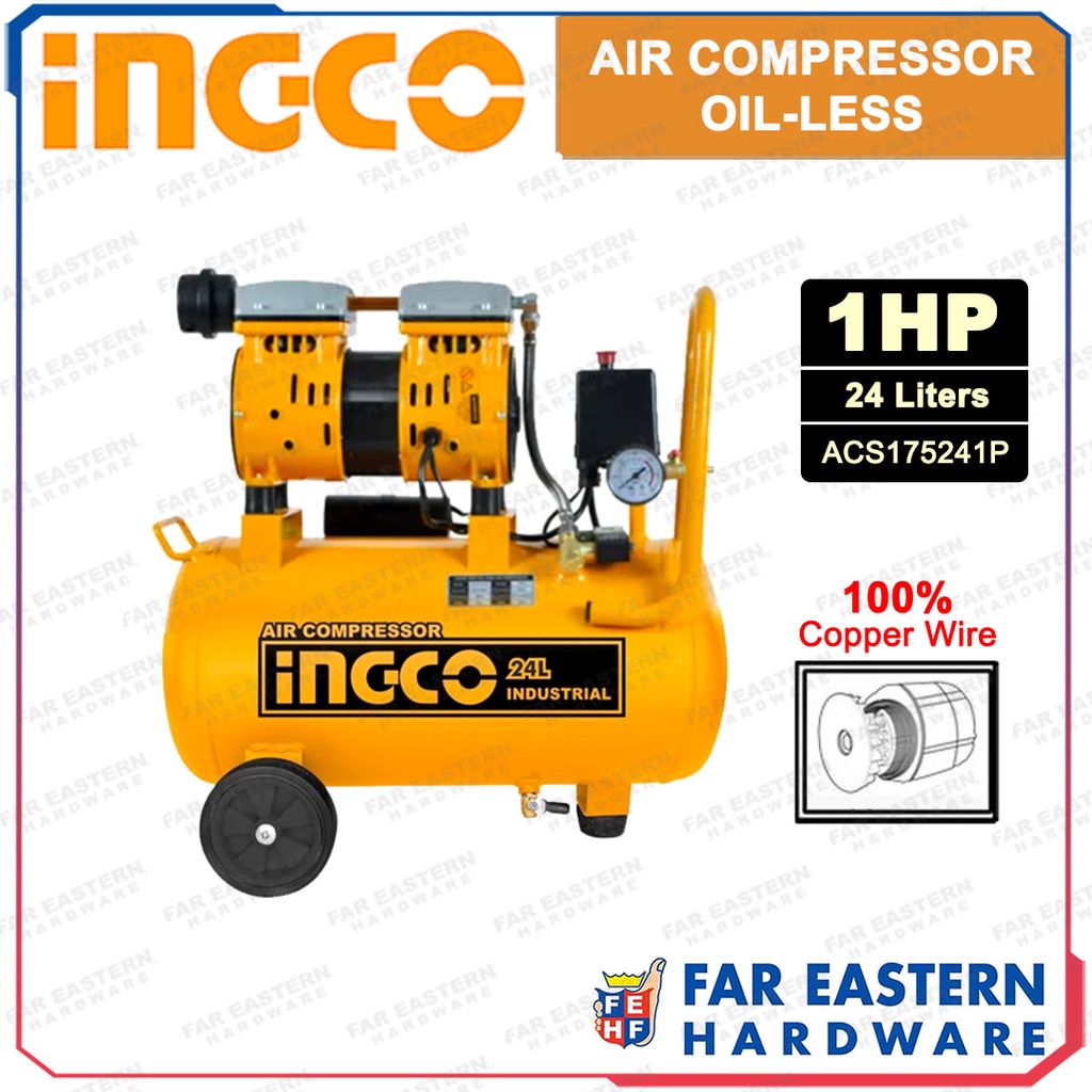 INGCO 1HP Air Compressor 24Liters Tank Oil-less ACS175241P INPTAR ...