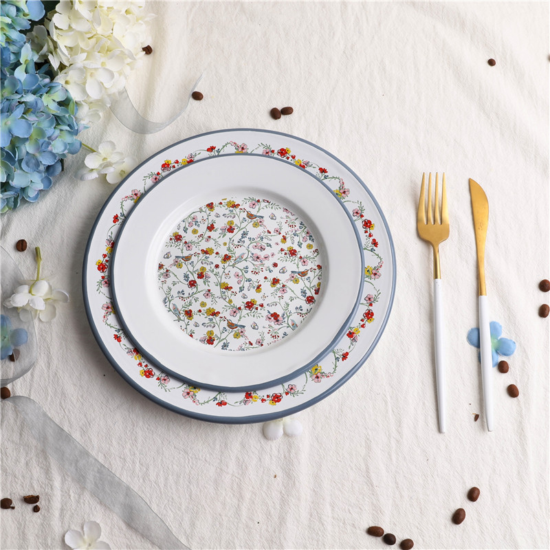 Nordic Pastoral Style Flower Bird Story Enamel Flat Plate Dinner Plate ...