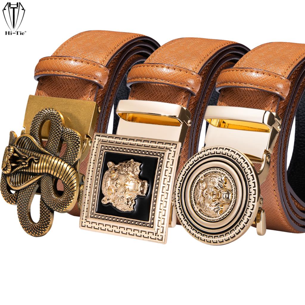 Luxury Orange Cow Leather Mens Belts Gold Animals Tiger Wolf Automatic ...