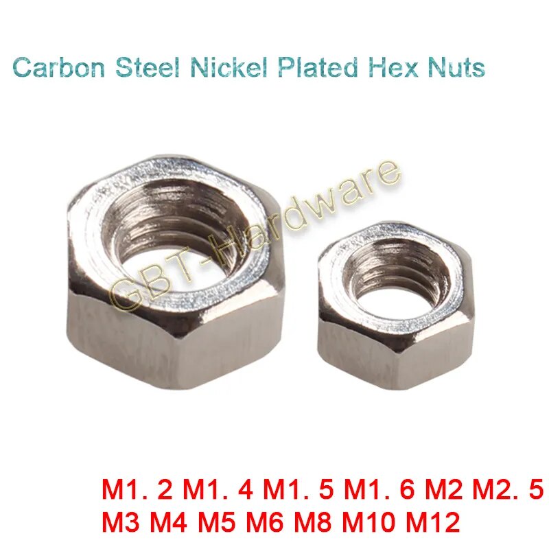 10/50/100PCS Carbon Steel Nickel Plated Hex Nuts M1. 2 M1. 4 M1. 5 M1. 6 M2 M2. 5 M3 M4 M5 M6 M8 ...