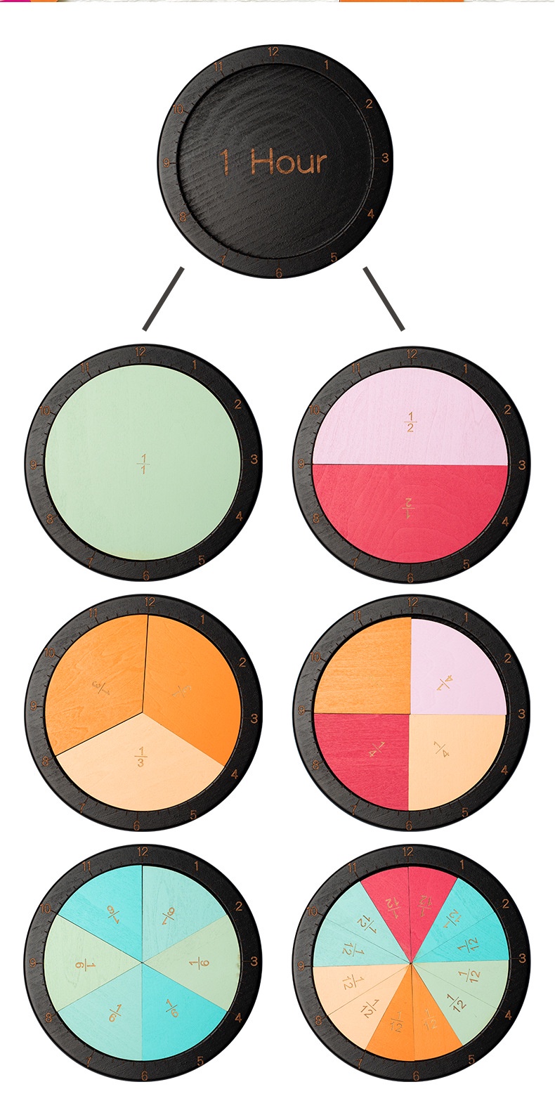 Wooden Montessori Fraction Clock Toy, Math Learning Time Teaching ...