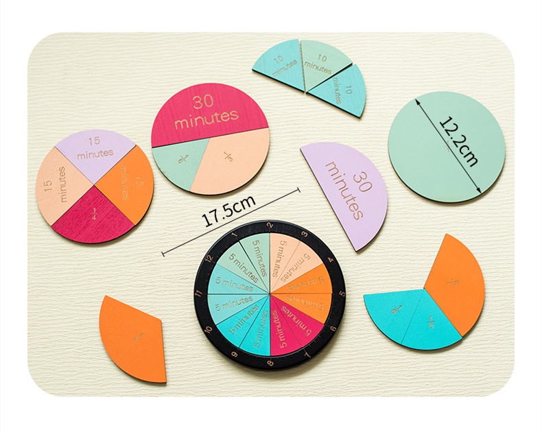 Wooden Montessori Fraction Clock Toy, Math Learning Time Teaching ...