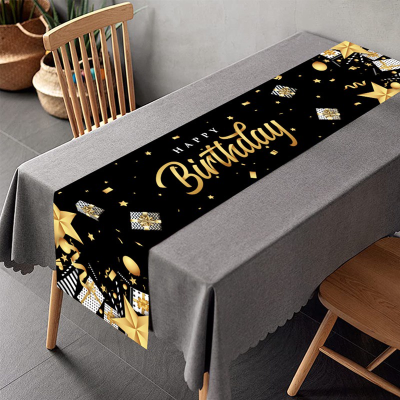35x180CM Happy Birthday Tablerunner Black Gold Balloon Table Cover ...