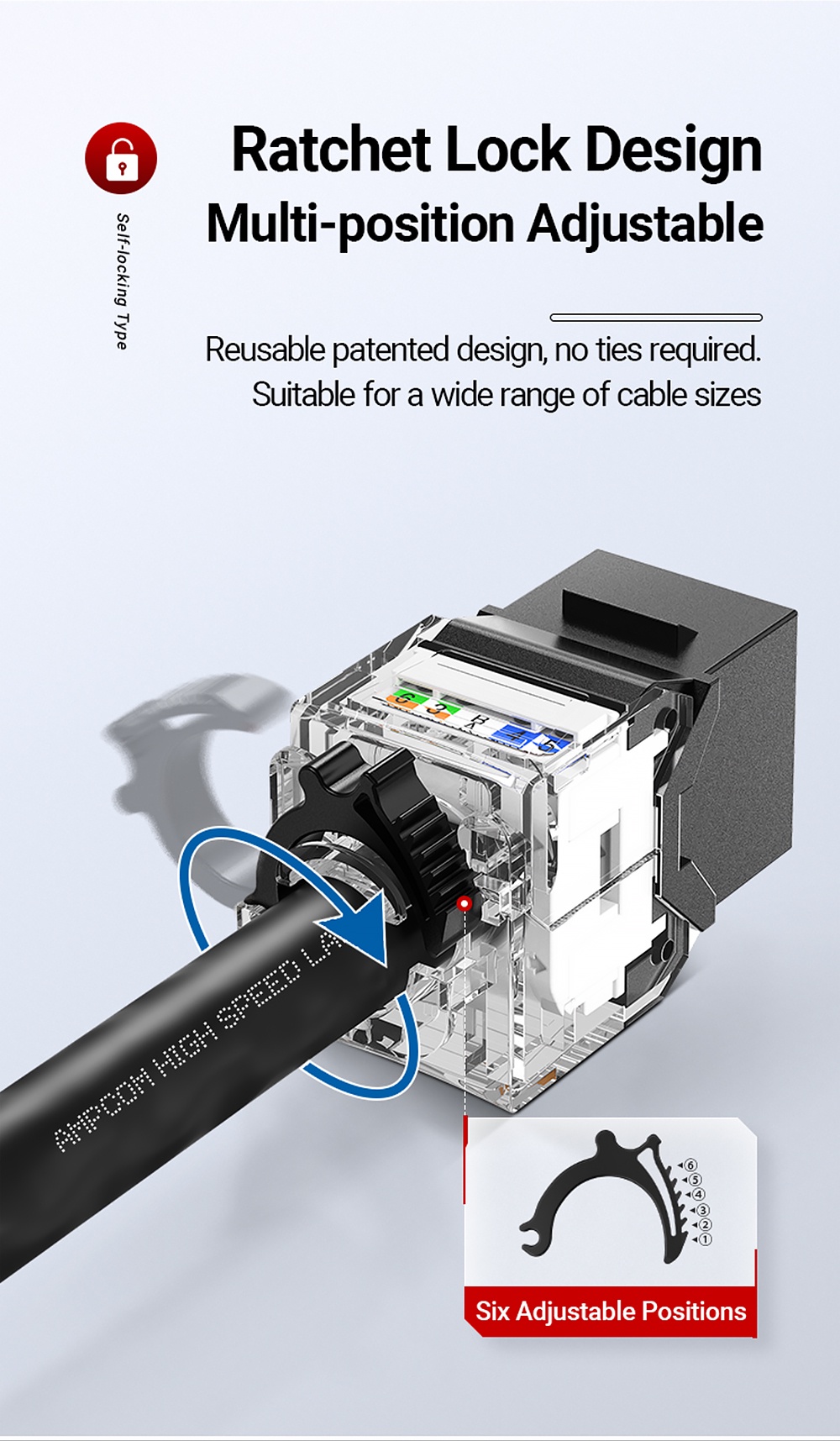 AMPCOM CAT7A CAT7 CAT6A CAT6 RJ45 Ratchet Lock STP Toolless Modular Coupler Zinc Alloy Module ...