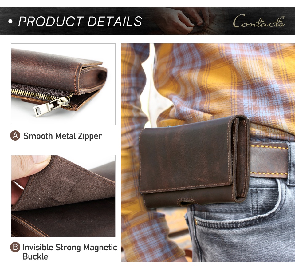 CONTACTS Genuine Leather Men Waist Bag Travel Small Waist Belt Pouch ...