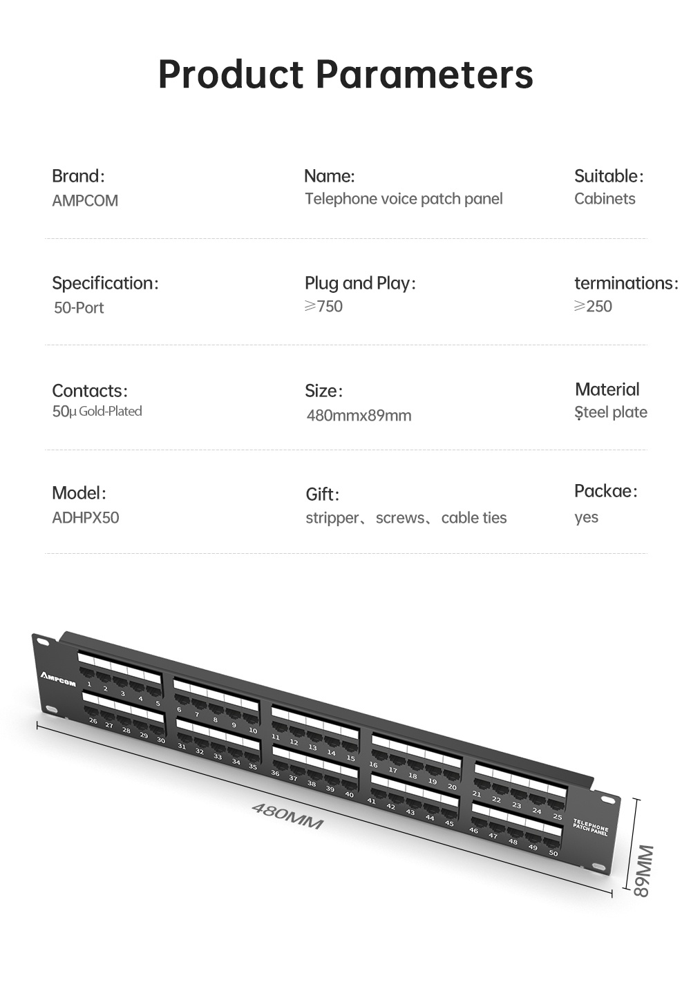 AMPCOM Telephone Voice 25/50 Ports Patch Panel, Cabinet Rack Mount - 1U ...