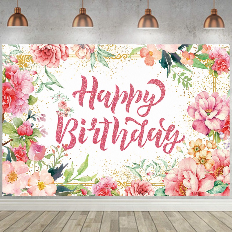 59*39'' Ins Flower Style Happy Birthday Backdrop For Photoshot Pink ...