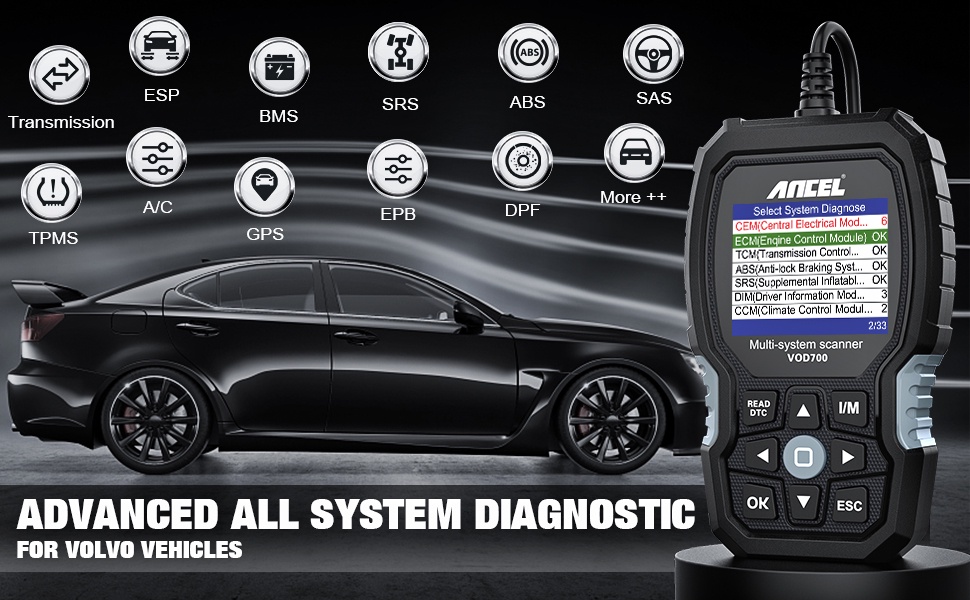 ANCEL VOD700 OBD2 Scanner ABS Bleeding Injector Oil ETC BMS EPB TPMS ...