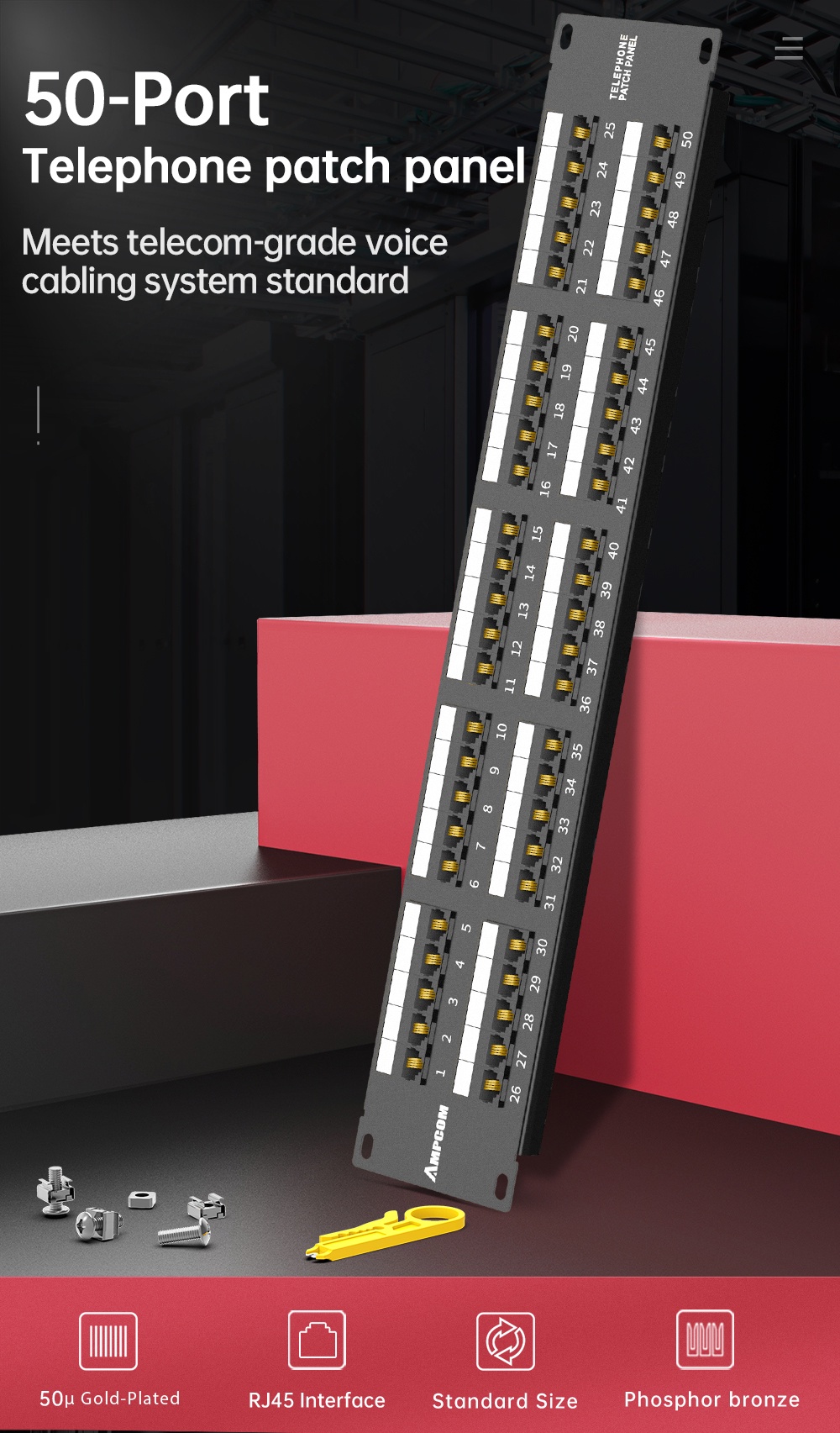 AMPCOM Telephone Voice 25/50 Ports Patch Panel, Cabinet Rack Mount - 1U ...