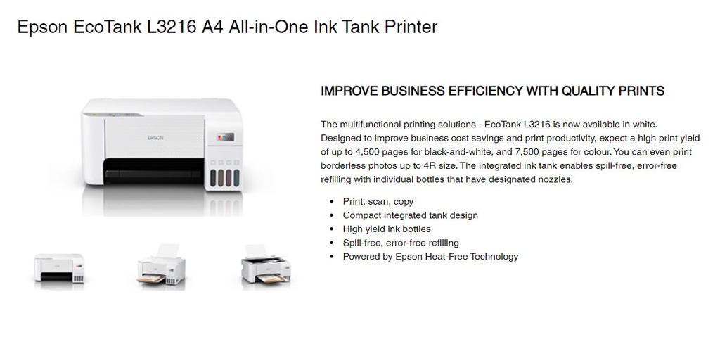 Epson EcoTank L3216 A4 All-in-One Spill-Free Error-Free Refilling ...