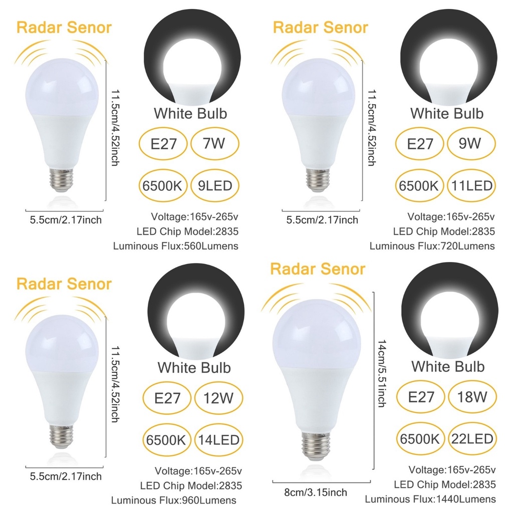 E27 7W/9W/12/18W Radar Motion Sensor Bulb Led Night Light Energy Saving ...