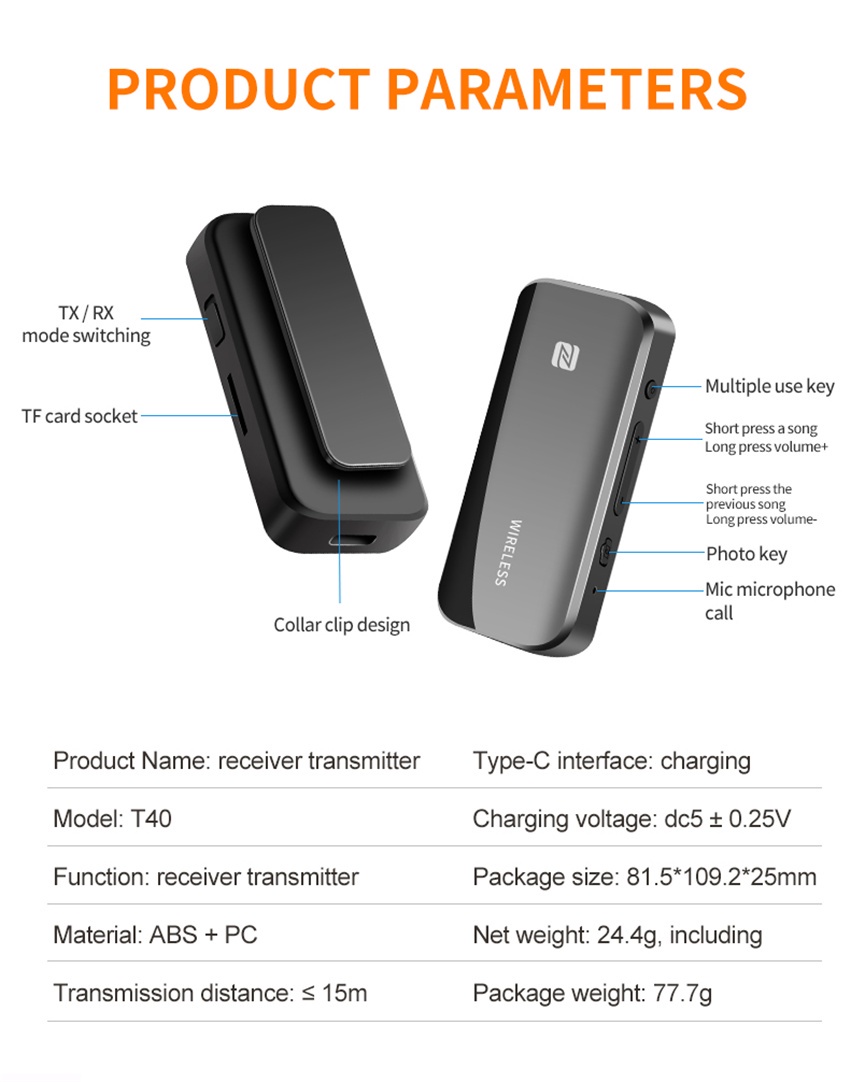 T40 Wireless Transmitter Receiver Nfc Tf Card Edr Bluetooth-Compatible ...