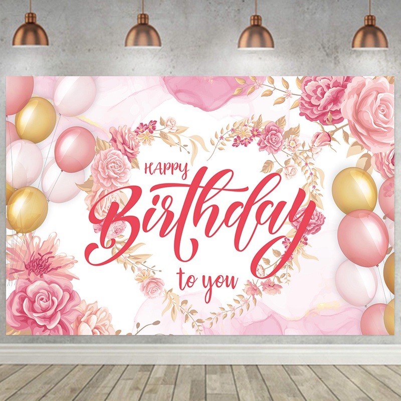 59*39'' Ins Flower Style Happy Birthday Backdrop For Photoshot Pink ...