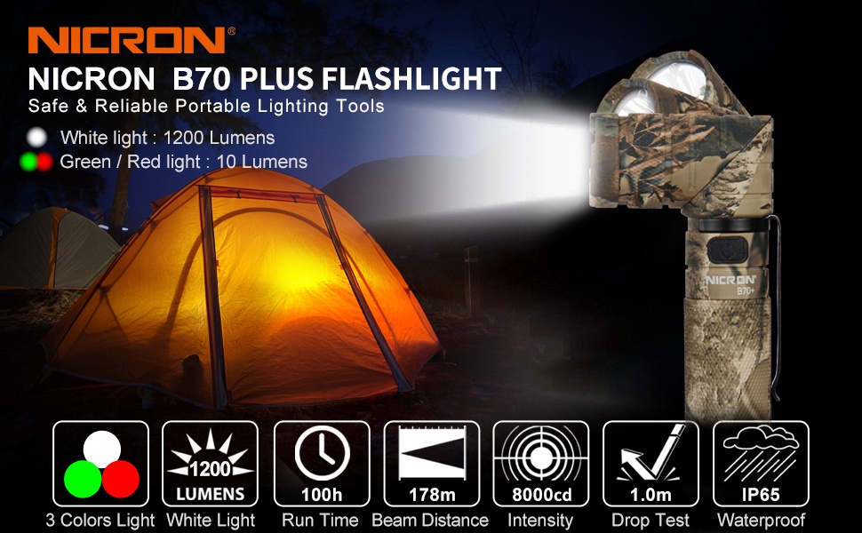 NICRON B70 Plus Rechargeable Flashlight Handfree 1200 Lumen Waterproof ...