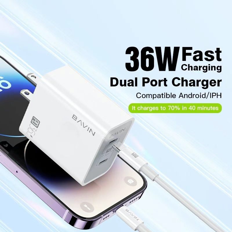 BAVIN PC859 PD36W Super Fast Charger Dual PD Port W/ 1 Meter Data Cable ...