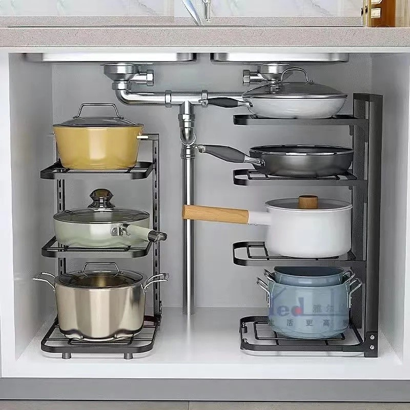 Kitchen Pan Organizer Pot Rack Adjustable Under Sink Countertop ...