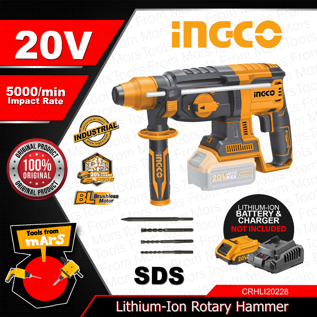 INGCO Cordless Rotary Hammer With + FREE Chisel & Drill Bit Hammer ...