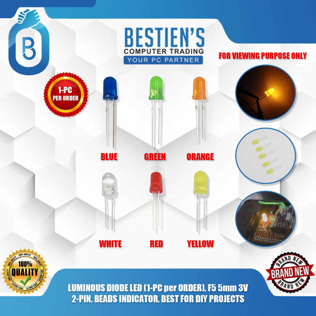 LUMINOUS DIODE LED (1-PC per ORDER), F5 5mm 3V 2-PIN, BEADS INDICATOR ...