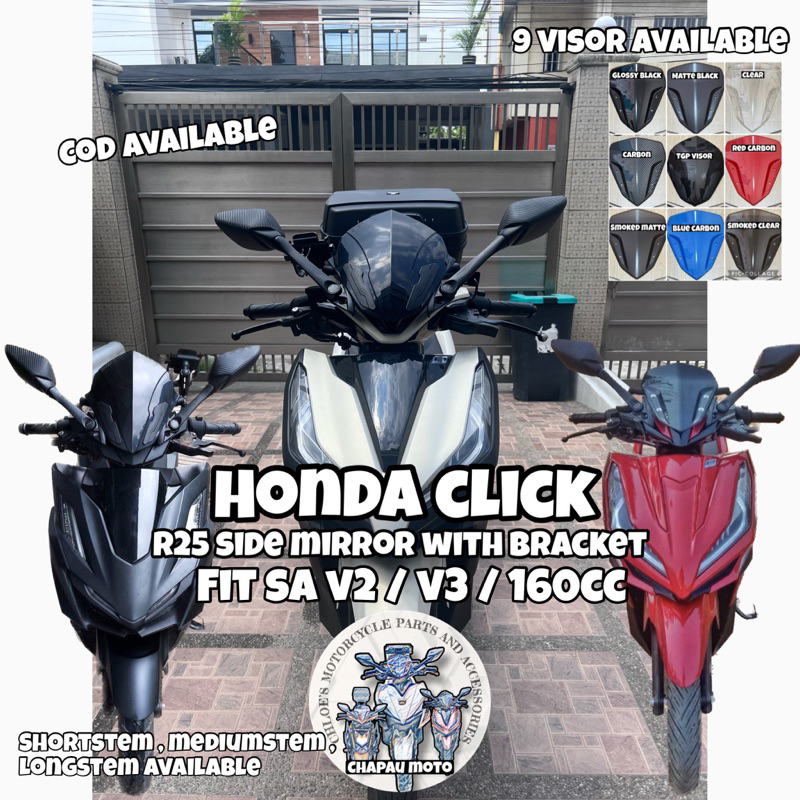 Honda click 125/150 i V2 / V3 / V4 bracket side mirror with visor ...