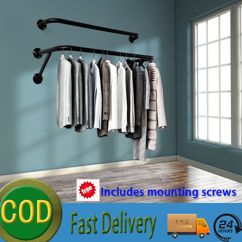 Metal Clothes Rack Wall-Mounted Hang Rack Black Iron Pipe Hanger Rack ...