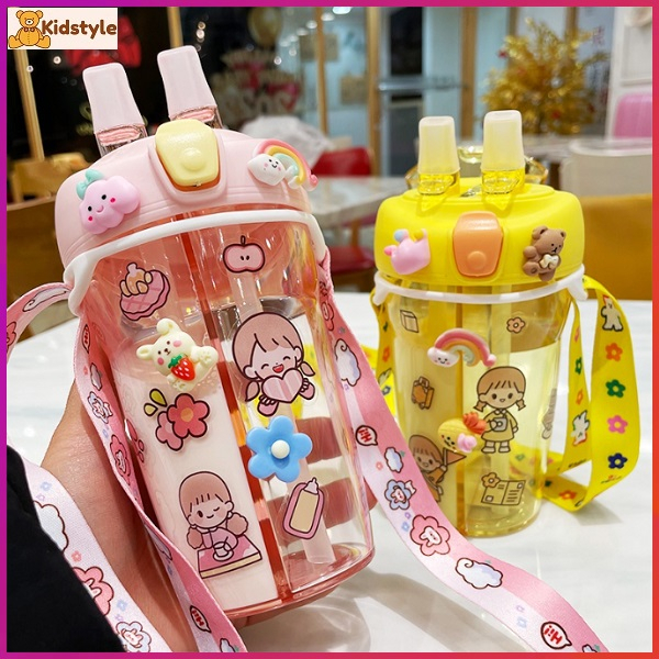 KidStyle 420ml 600ml Cute Children Double Drinking Water Bottle Straw Portable Bottle Student ...