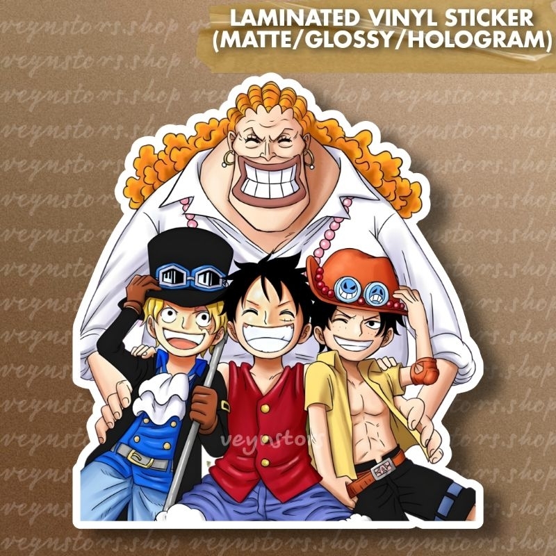ONE PIECE CURLY DADAN WITH ACE LUFFY SABO • LAMINATED VINYL STICKER ...
